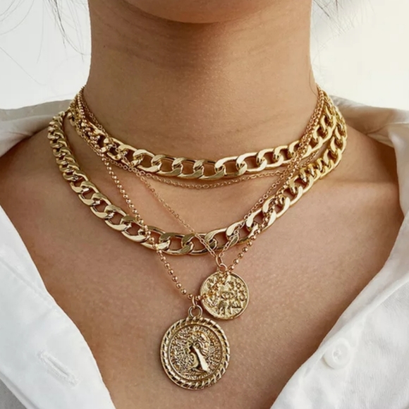 Jewelry | Multilayer Thick Chain Portrait Coin Necklace | Poshmark